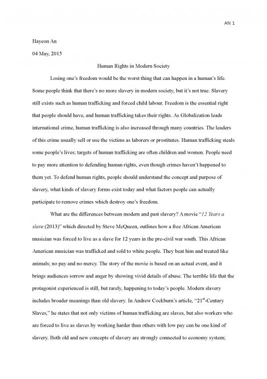 인권보호 에세이 (납치로 인한 성노예,노동착취 등을 예로 하고 있음) Human Rights in Modern Society [영어,영문]