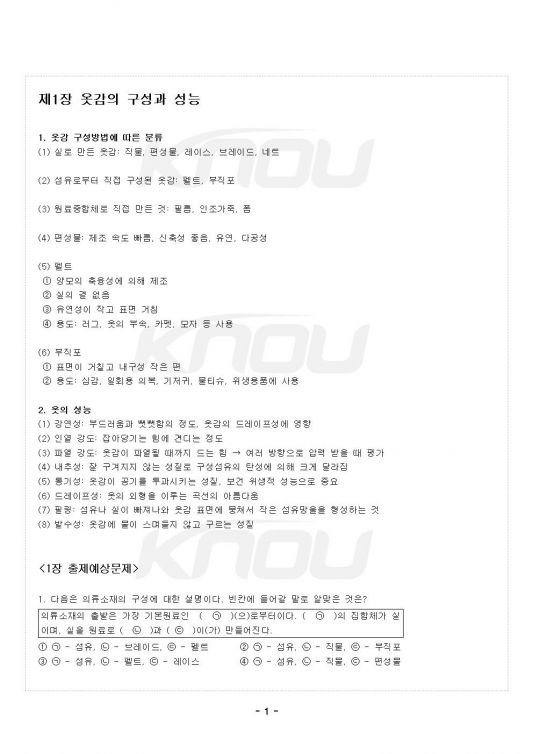 2015년 하계계절시험 의류소재의이해 시험범위 핵심체크