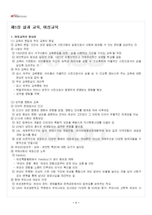 2015년 하계계절시험 여성교육론 시험범위 핵심체크