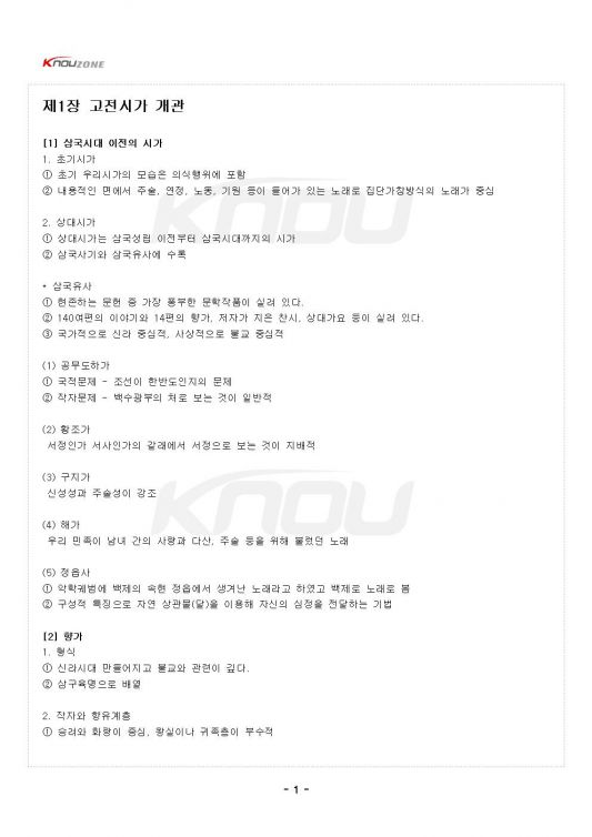 2015년 2학기 고전시가강독 교재 전 범위 핵심요약노트
