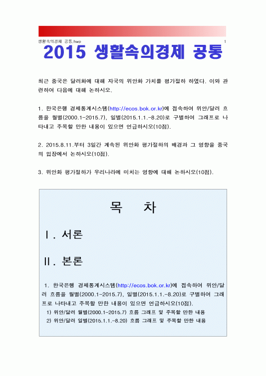 생활속의경제] 최근 중국은 달러화에 대해 자국의 위안화 가치를 평가절하 하였다, 위안/달러 그래프, 위안화 평가절하 배경 영향 중국 입장, 위안화 평가절하가 우리나라에 미치는 영향에 대해 논하시오-위안화평가