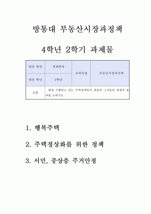 방송통신대학 부동산시장과 정책 중간 과제물 : 방통대 부동산시장과정책 4학년 2학기 과제물 현재 시행되고 있는 주택정책들의 내용과 그것들의 경제적 효과를 논하시오