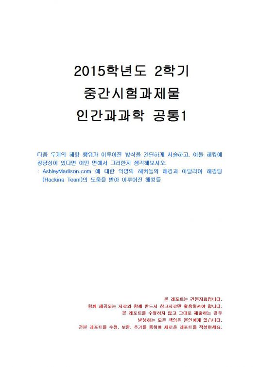 2015년 2학기 인간과과학 중간시험과제물 공통1(해킹 행위가 이루어진 방식, 정당성)