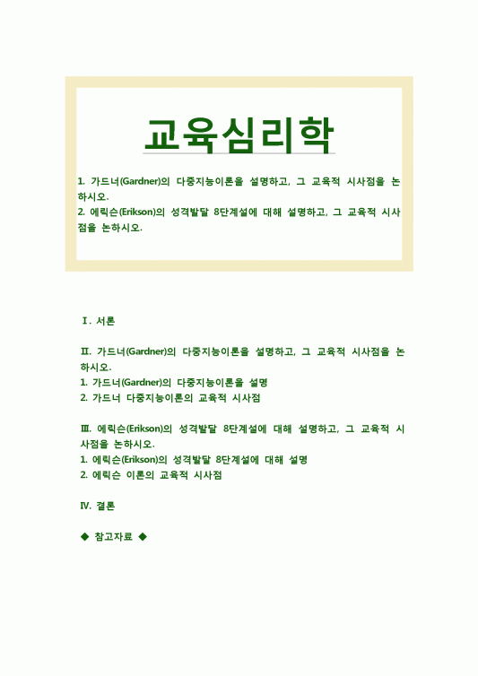 [교육심리학] 1) 가드너(Gardner)의 다중지능이론multiple intelligences theory을 설명하고, 그 교육적 시사점 2) 에릭슨(Erikson)의 성격발달 8단계설에 대해 설명하고, 그 교육적 시사점