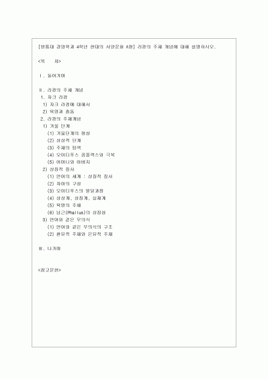 [현대의 서양문화 4A형] 라캉의 주체 개념에 대해 설명하시오.