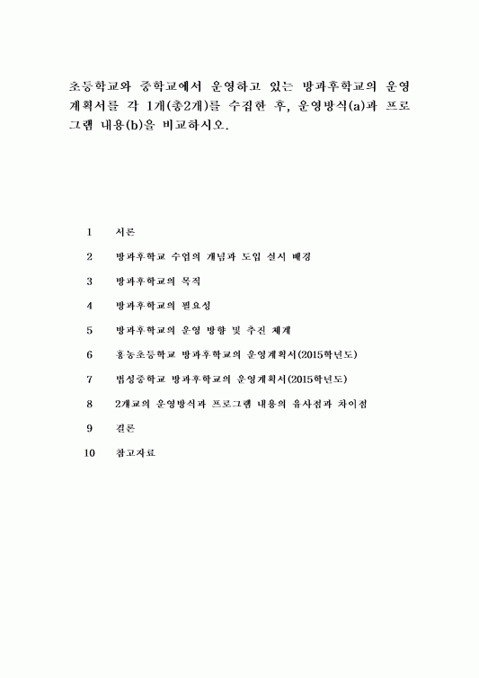 초등학교初等學校와 중학교에서 운영하고 있는 방과후학교의 운영계획서를 각 1개(총2개)를 수집한 후, 운영방식(a)과 프로그램 내용(b)을 비교하시오.