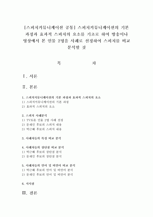 [스피치커뮤니케이션 공통] 스피치커뮤니케이션의 기본 과정과 효과적 스피치의 요소를 기초로 하여 방송이나 영상에서 본 인물 2명을 사례로 선정하여 스피치를 비교 분석할 것 : 스피치 사례분석