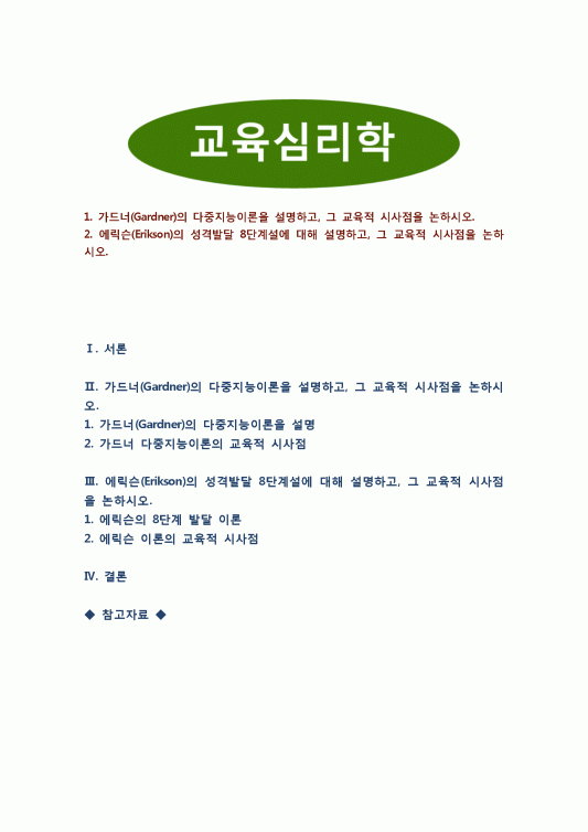 [교육심리학] 1) 가드너(Gardner)의 다중지능이론multiple intelligences theory 을 설명, 교육적 시사점 2) 에릭슨(Erikson)의 성격발달 8단계설에 대해 설명하고, 그 교육적 시사점