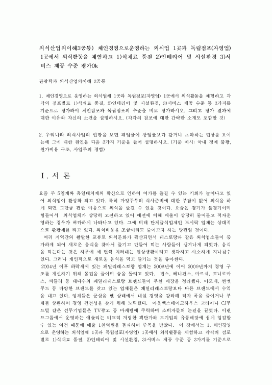 외식산업의이해3공통) 체인경영으로운영하는 외식업 1곳과 독립점포(자영업) 1곳에서 외식활동을 체험하고 1)식재료 품질 2)인테리어 및 시설환경 3)서비스 제공 수준 평가 0k