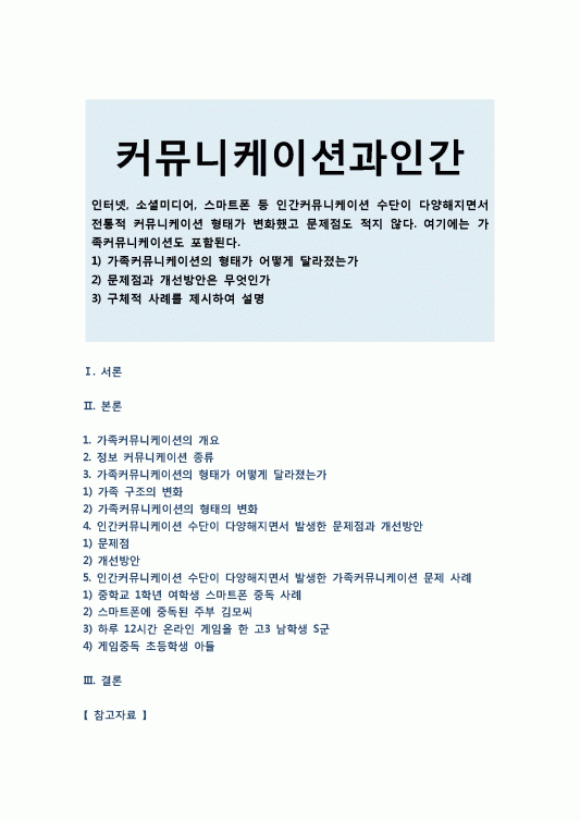 [커뮤니케이션communication과인간] 인터넷, 소셜미디어, 스마트폰 등 인간커뮤니케이션 수단이 다양해지면서 전통적 커뮤니케이션 형태가 변화. 가족커뮤니케이션의 형태, 문제점, 개선방안, 구체적사례