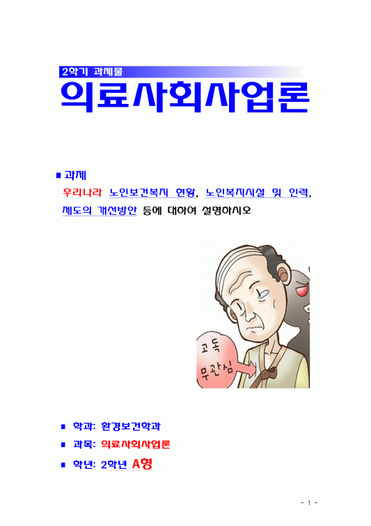 [의료사회사업론2A] 우리나라 노인보건복지 현황, 노인복지시설 및 인력, 제도의 개선방안