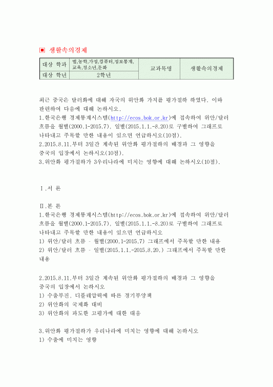 생활속의경제 공통, 최근 중국은달러화에 대해 자국의위안화 가치를평가절하하였다.한국은행 경제통계시스템에 접속, 위안/달러흐름을 월별일별로구별하여 그래프로나타내고,위안화 평가절하 -생활속의경제