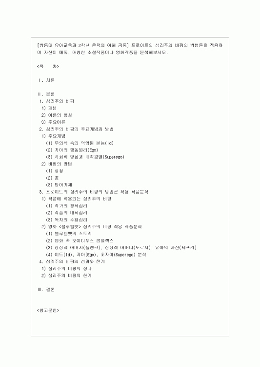 [문학의 이해 공통] 프로이트의 심리주의 비평의 방법론을 적용하여 자신이 애독, 애청한 소설작품이나 영화작품을 분석해보시오.심리주의 비평의 주요개념과 방법