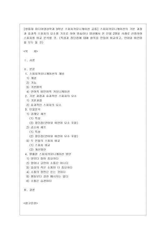 [스피치커뮤니케이션 공통] 스피치커뮤니케이션의 기본 과정과 효과적 스피치의 요소를 기초로 하여 방송이나 영상에서 본 인물 2명을 사례로 선정하여 스피치를 비교 분석할 것 - 미디어영상학과