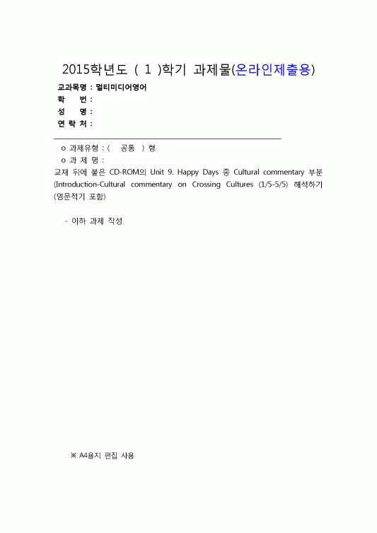 CD-ROM의 Unit 9. Happy Days 중 Cultural commentary 부분(Introduction-Cultural commentary on Crossing Cul