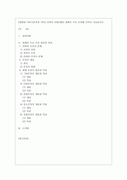 [방통대 국어국문학과 1학년 언어의 이해 E형] 문자의 유형과 특성을 설명하시오.