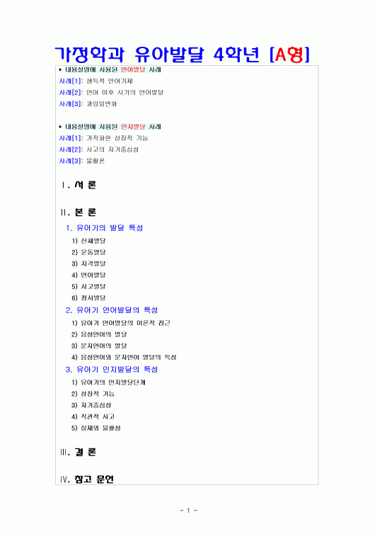[유아발달4A] 유아기의 언어 발달과 인지발달의 특성을 설명하고 적절한 사례를 들어 설명하시오 [사례중점 기술]