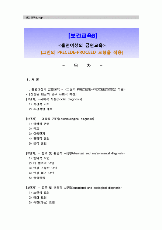 [보건교육B]흡연여성의 금연교육 - [그린의 PRECEDE-PROCEED 모형을 적용]
