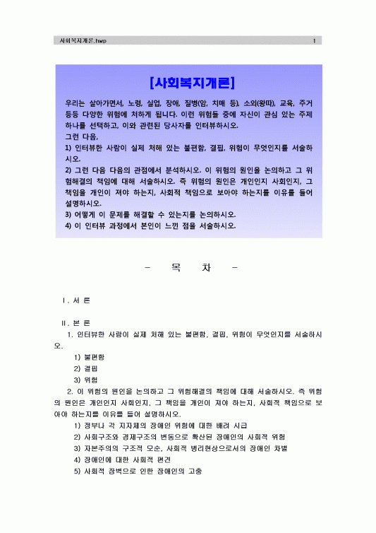 [사회복지개론]1) 인터뷰한 사람이 실제 처해 있는 불편함, 결핍, 위험 2) 위험의 원인과 책임 3) 어떻게 이 문제를 해결할 수 있는지 4) 인터뷰 과정에서 본인이 느낀 점