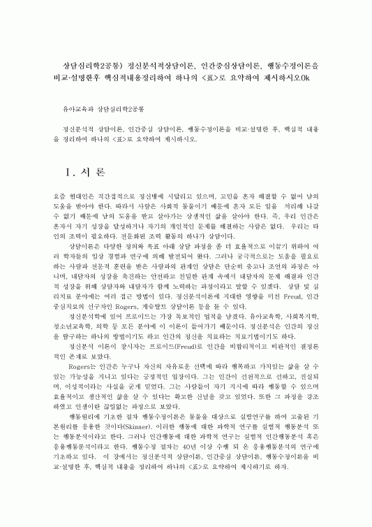 상담심리학2공통) 정신분석적상담이론, 인간중심상담이론, 행동수정이론을 비교·설명한후 핵심적내용정리하여 하나의 <표>로 요약하여 제시0k