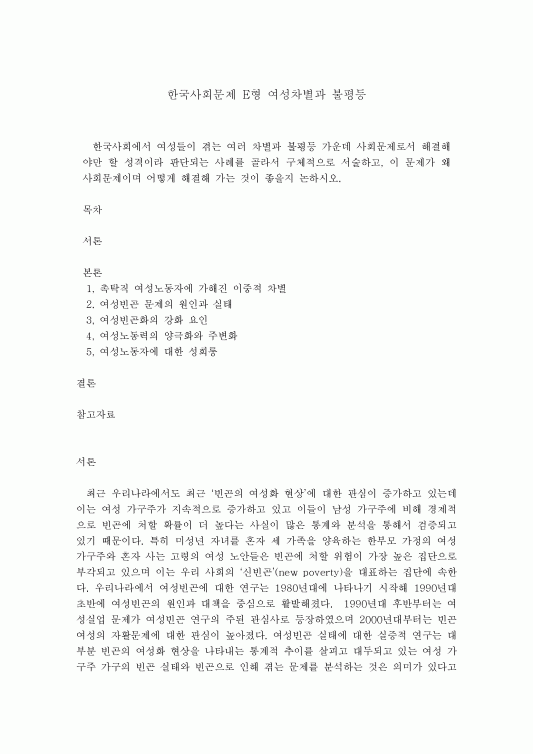 한국사회문제 E형 여성차별과 불평등