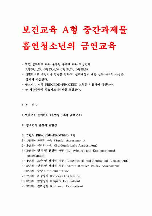 흡연청소년의 금연교육-개별적으로 개인이나 집단을 정하고,선택대상에 대한 인사회적특성을기술 보건교육A형,그린의 PRECEDE-PROCEED 모형적용,한시간분량의 학습지도계획서를포함,보건교육A형