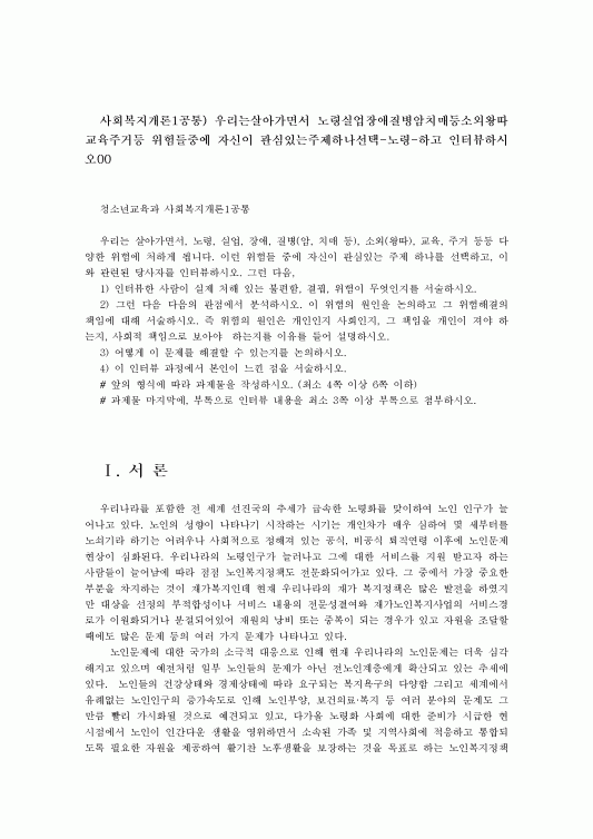 사회복지개론1공통) 우리는살아가면서 노령실업장애질병암치매등소외왕따교육주거등 위험들중에 자신이 관심있는주제하나선택-노령-하고 인터뷰하시오00