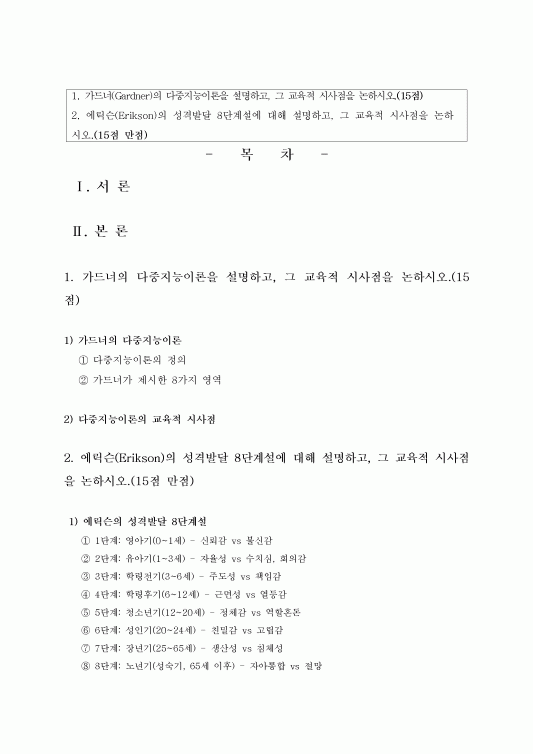 [교육심리학] 가드너(Gardner)의 다중지능이론을 설명하고, 그 교육적 시사점을 논하시오. 에릭슨(Erikson)의 성격발달 8단계설에 대해 설명하고, 그 교육적 시사점을 논하시오.