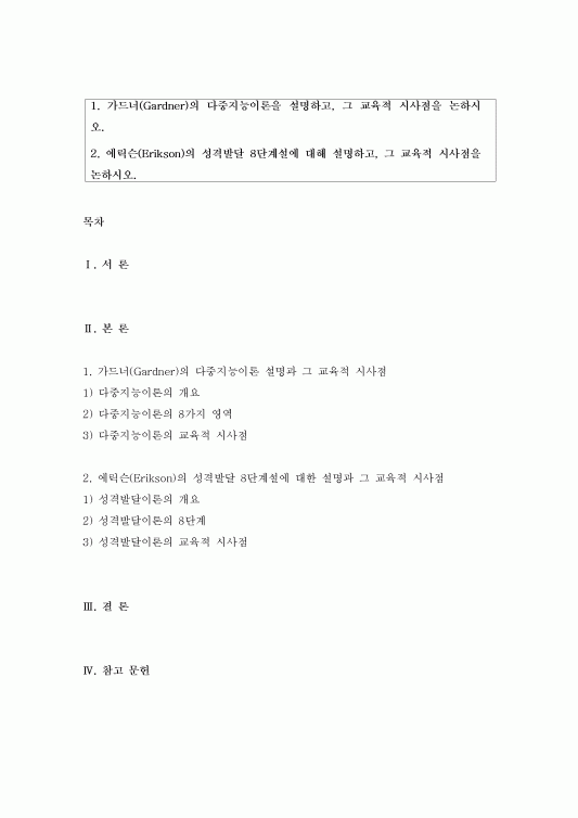 [교육심리학]가드너(Gardner)의 다중지능이론을 설명하고, 그 교육적 시사점을 논하시오. 에릭슨(Erikson)의 성격발달 8단계설에 대해 설명하고, 그 교육적 시사점을 논하시오.