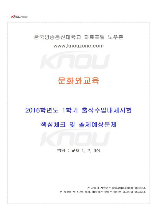 2016년 1학기 문화와교육 출석대체시험 핵심체크