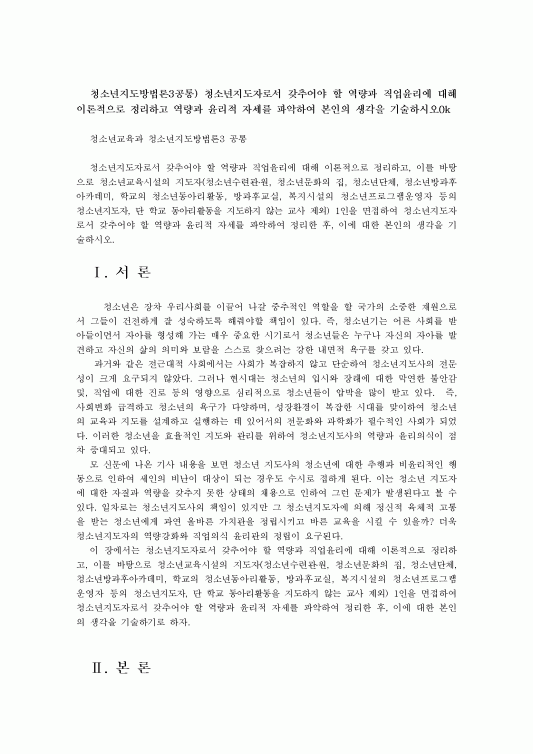 청소년지도방법론3공통) 청소년지도자로서 갖추어야 할 역량과 직업윤리에 대해 이론적으로 정리하고 역량과 윤리적 자세를 파악하여 본인의 생각을 기술0k