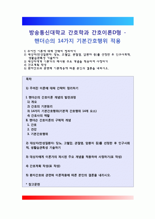 [간호이론] 핸더슨의 14가지 기본간호행위 적용 - 1) 주어진 이론에 대해 간략히 정리 2) 대상자를 선정한 후 인구사회적, 생활습관특성 기술하기 3) 대상자에게 이론가의 개념을 적용하여 사정하기 4) 간호계획 작