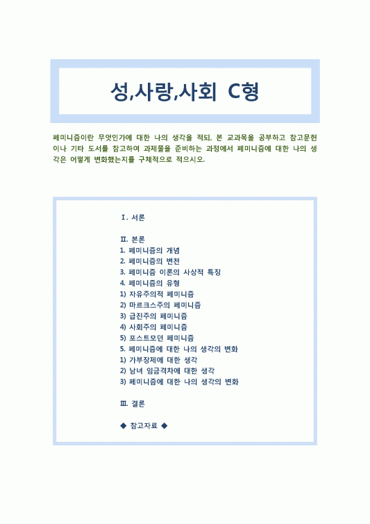 (성,사랑,사회 C형) 페미니즘이란 무엇인가에 대한 나의 생각을 적되, 과제물을 준비하는 과정에서 페미니즘에 대한 나의 생각은 어떻게 변화했는지를 구체적으로 적으시오.