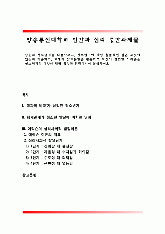 인간과심리- 당신의 청소년기를 되돌아보고, 청소년기에 가장 힘들었던 점은 무엇이었는지 기술하고, 교재와 참고문헌을 활용하여 자신이 경험한 어려움을 청소년기의 다양한 발달 특징과 관련지어서 분석