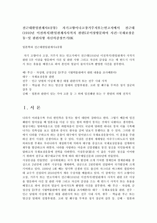 전근대한일관계사4공통) 자기고향이나고장거주지또는연고지에서 전근대(1910년 이전까지)한일관계사사적지 관련5곳이상방문하여 사건-국채보상운동-및 관련사항 자신의감상쓰기0K