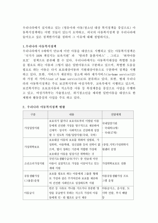 우리나라에서 실시하고 있는 (영유아와 아동/청소년 대상 복지정책을 중심으로) 아동복지정책에는 어떤 것들이 있는지 요약하고, 외국의 아동복지정책 중 우리나라에 들어오고 싶은 정책한가
