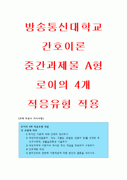 간호이론 A형-로이의 4개 적응유형 적용,주어진 이론에 대해 간략히 정리,사례대상자(만성질환자)선정 인구사회적,생활습관특성기술,주요개념을 적용하여사정하고 간호계획-간호이론A형 로이
