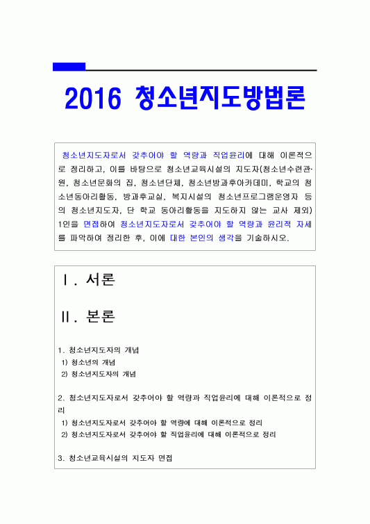 청소년지도자로서 갖추어야할 역량과 직업윤리에 대해 이론적 정리, 청소년교육시설 지도자 면접 청소년지도자 역량과 윤리적 자세, 본인의 생각 -청소년지도자 역량 직업윤리 윤리적자세 (2016 청소년지도방법론)