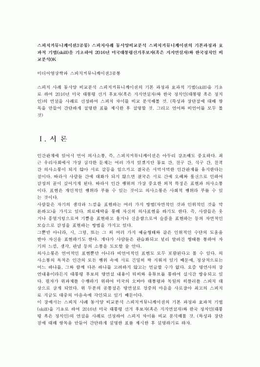 스피치커뮤니케이션3공통) 스피치사례 동서양비교분석 스피치커뮤니케이션의 기본과정과 효과적 기법(skill)을 기초하여 2016년 미국대통령선거후보자(혹은 지지연설자)와 한국정치인 비
