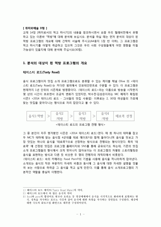 [취미와 예술 D형] 먹방 프로그램 분석-테이스티 로드_개요,먹고 마시기를 어떻게 취급하는가, 어떤 영향을 미칠 가능성이 있을지 분석