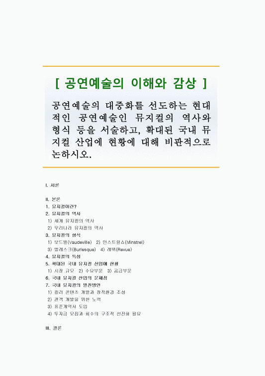 [공연예술의 이해와 감상] 공연예술의 대중화를 선도하는 현대적인 공연예술인 뮤지컬의 역사와 형식 등을 서술,  확대된 국내 뮤지컬 산업에 현황 비판하기  : 공연예술의이해와감상