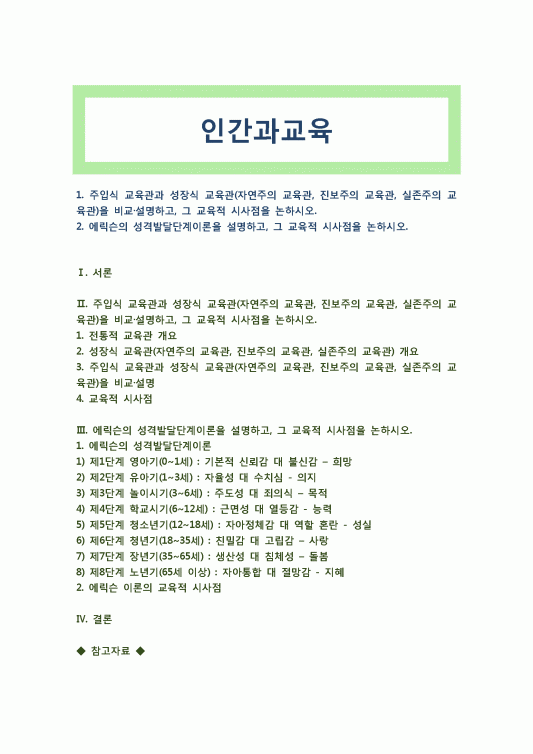 [인간과교육] 주입식 교육관과 성장식 교육관(자연주의 교육관, 진보주의 교육관, 실존주의 교육관)을 비교설명하고 교육적 시사점, 에릭슨의 성격발달단계이론을 설명, 교육적 시사점