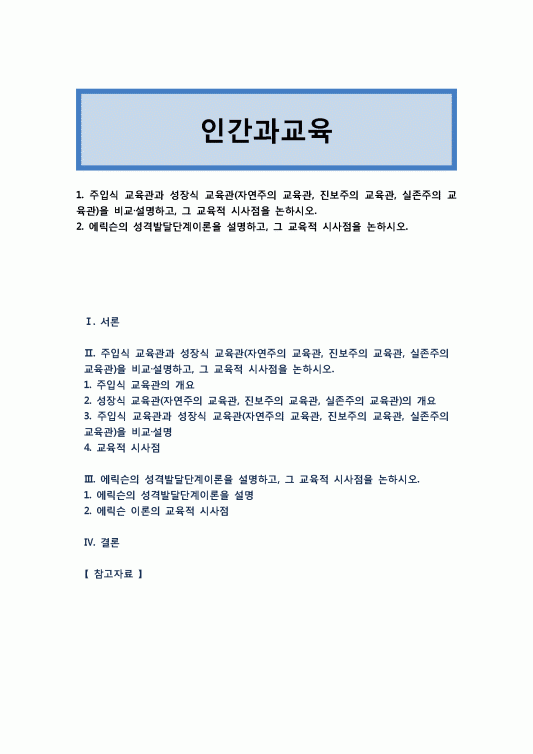[인간과교육] 주입식 교육관과 성장식 교육관(자연주의 교육관, 진보주의 교육관, 실존주의 교육관)을 비교설명하고 교육적 시사점, 에릭슨의 성격발달단계이론을 설명 교육적 시사점