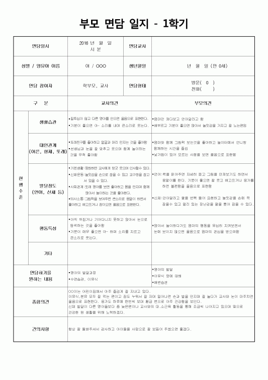 <만0세 부모상담일지>만 0세 1학기 부모상담일지 5명 분량입니다. (생활습관/대인관계-또래,형제,어른/발달정도-언어,인지/행동특성/기타/종합의견)