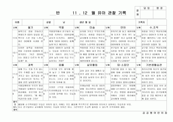 (만5세 관찰일지)만5세 11월, 12월 관찰일지 20명 분량입니다.