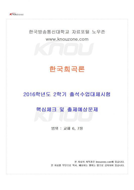 2016년 2학기 한국희곡론 출석대체시험 핵심체크
