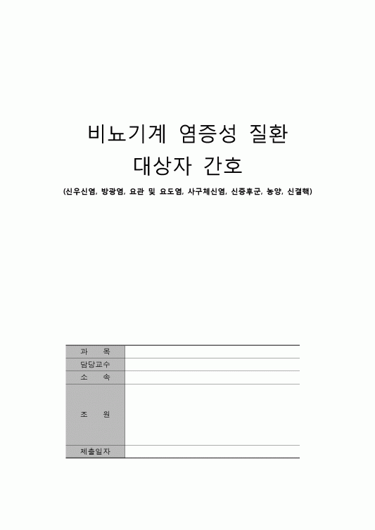 비뇨기계 염증성 질환 대상자 간호 (신우신염, 방광염, 요관 및 요도염, 사구체신염, 신증후군, 농양, 신결핵)
