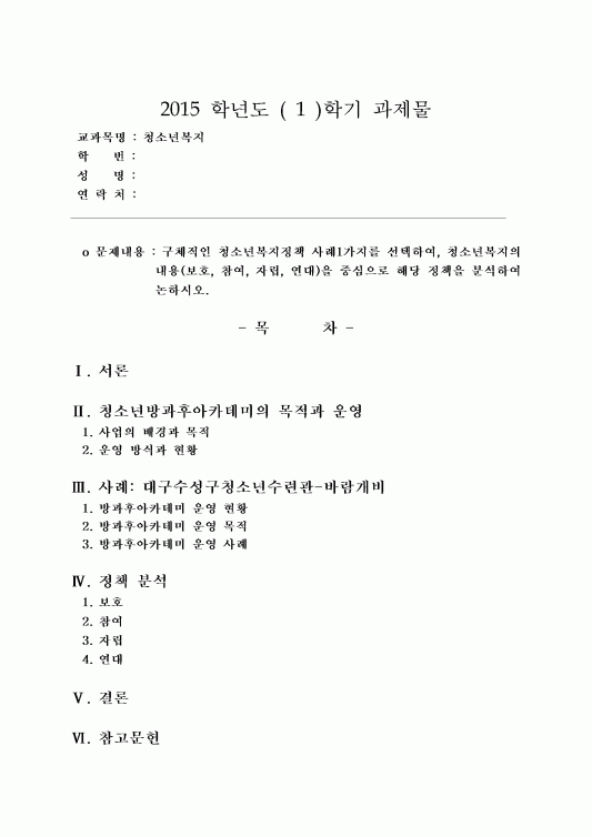 청소년복지의 내용(보호, 참여, 자립, 연대)을 중심으로 해당 정책을 분석