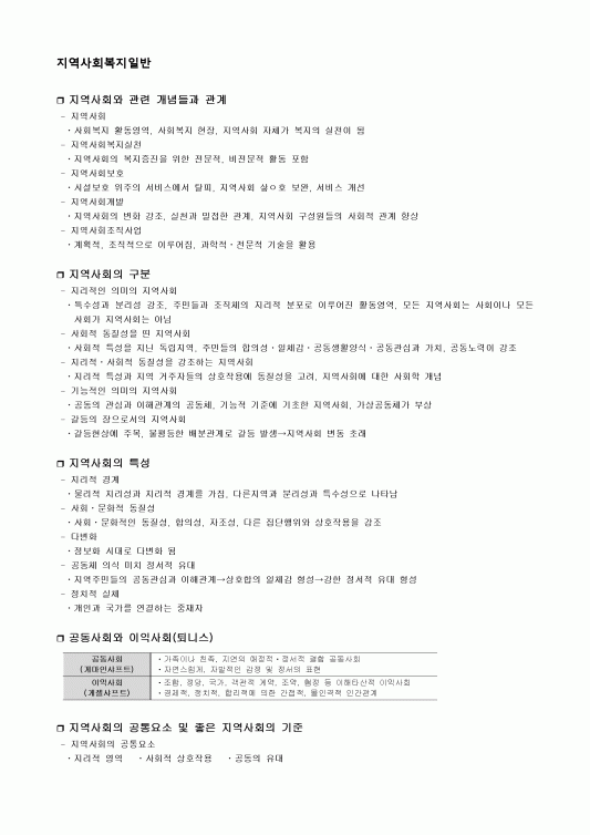 사회복지사 자격증 1급 시험대비 지역사회복지론 요약정리
