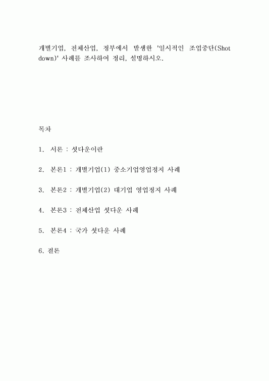 경제학개론_개별기업, 전체 산업, 정부에서 발생한 ‘일시적인 조업중단(Shut Down)’ 사례를 조사하여 정리, 설명하시오.